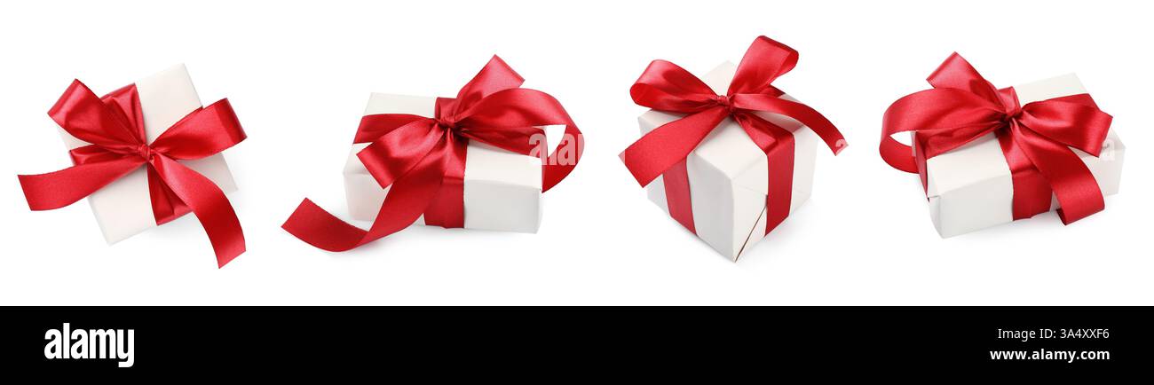 Beautiful gift boxes with red ribbon bows on white background, collage ...