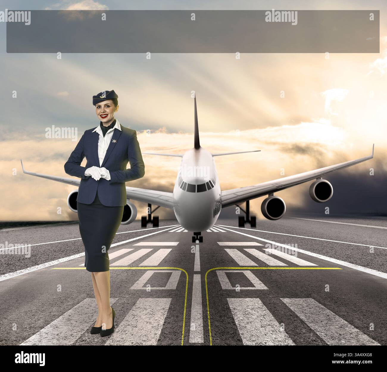 Smiling stewardess in uniform on runway. Airplane landing behind her ...