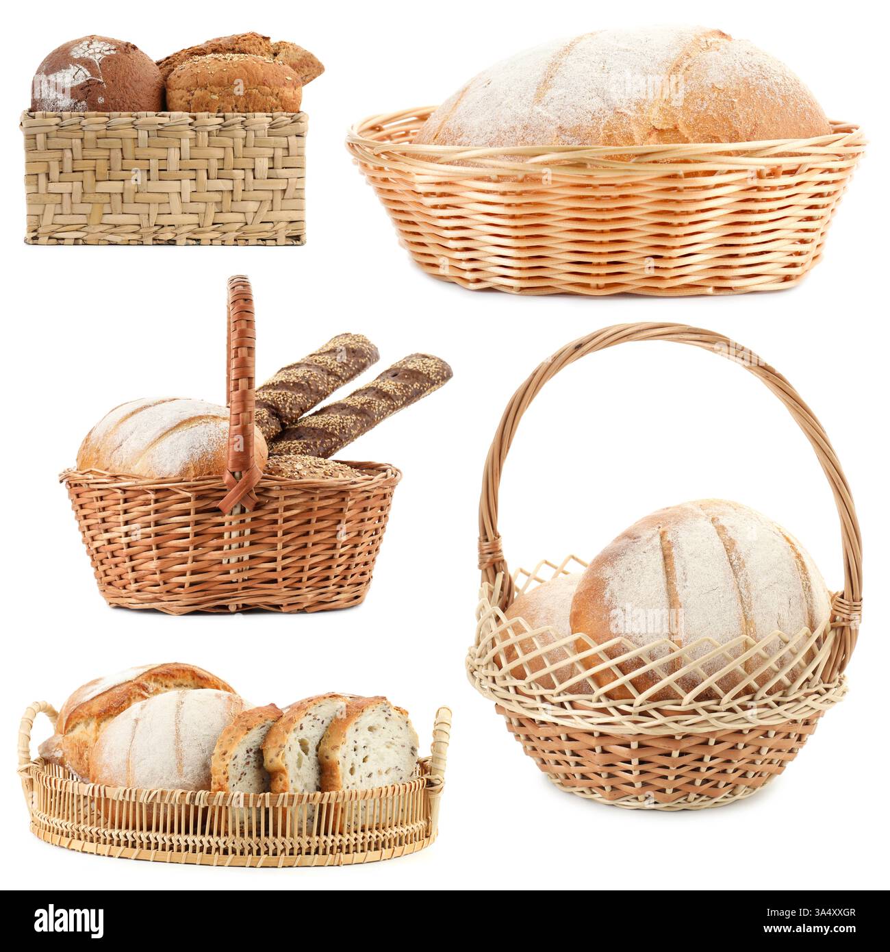 Different baskets with bread isolated on white, set Stock Photo - Alamy