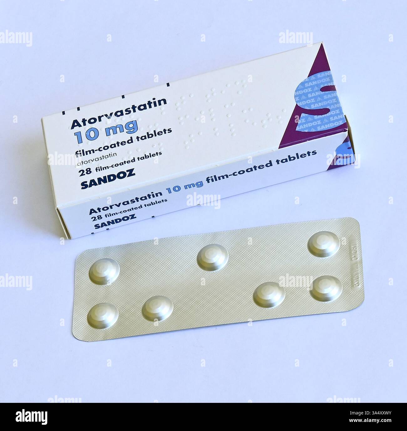 Photograph of a pack of Atorvastatin tablets. 10mg Film-coated tablets ...