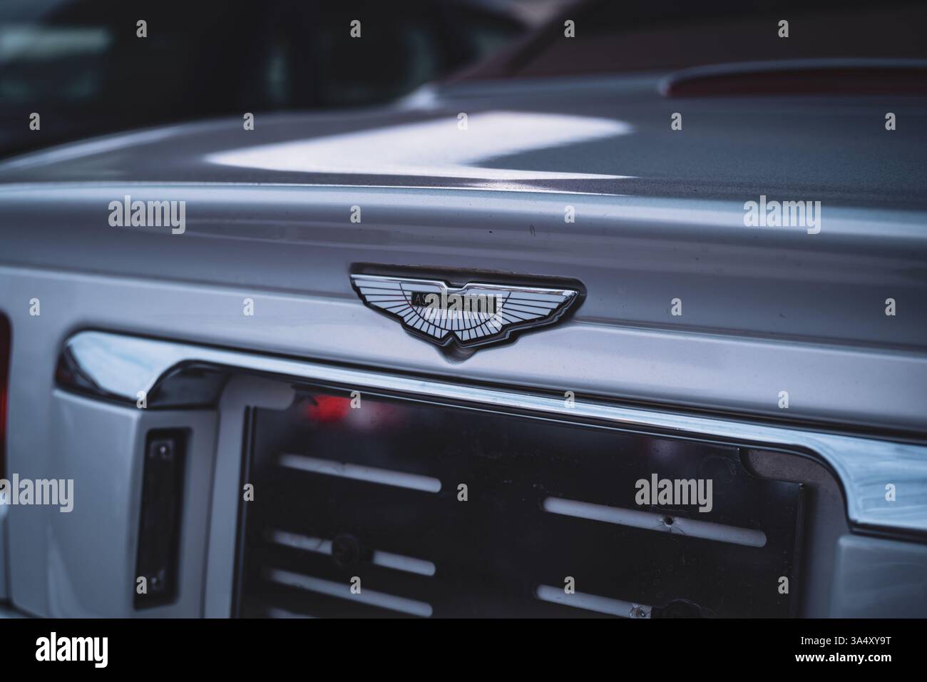 09-03-2025 Zurich, Switzerland. Aston Martin DB7 rear ornament emblem ...