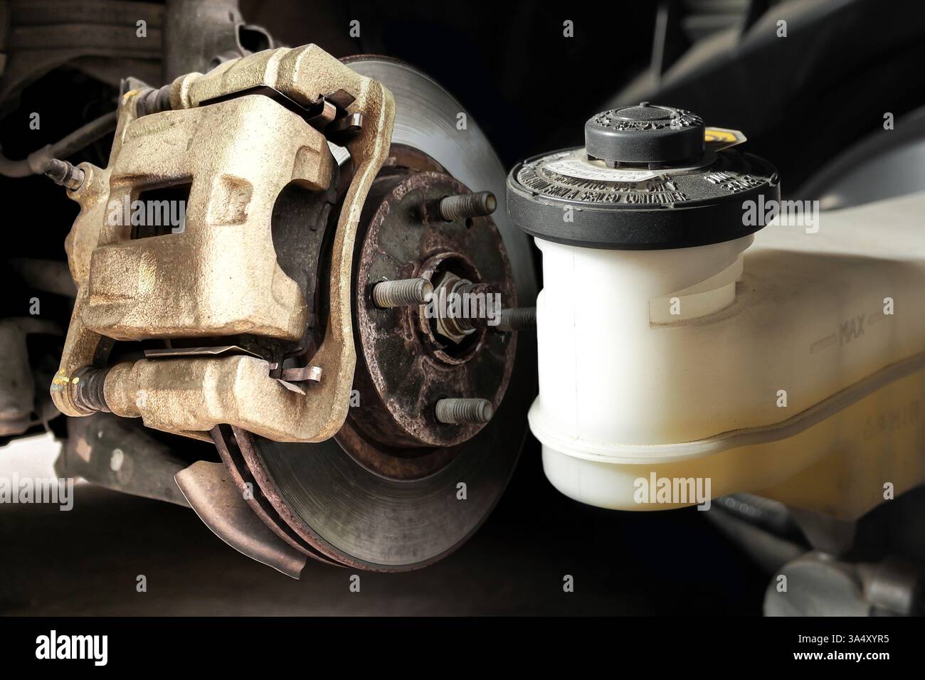 Close up of disc brake and brake fluid reservoir , Car brake system ...
