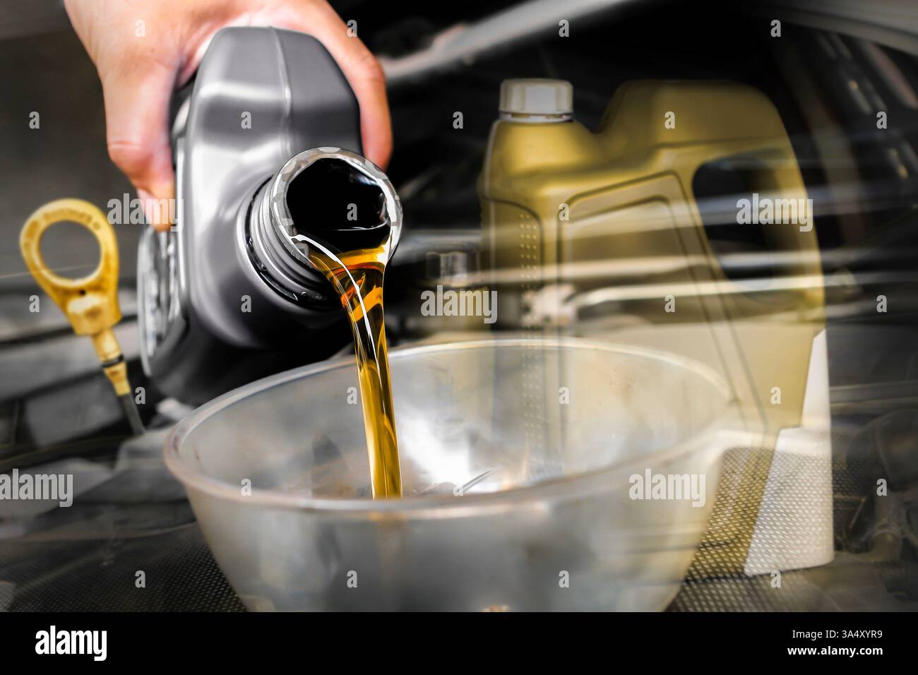 Oil change process in automotive service garage , Double exposure , The ...