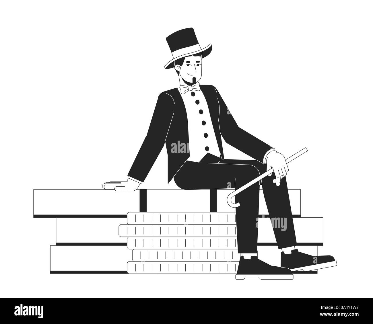 Wealthy man in tuxedo and top hat sitting on money stack 2D line ...