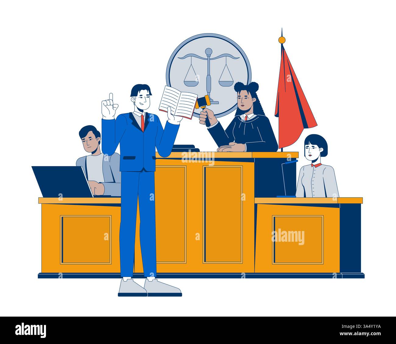 Courtroom trial with judge, lawyer and witness 2D vector illustration ...