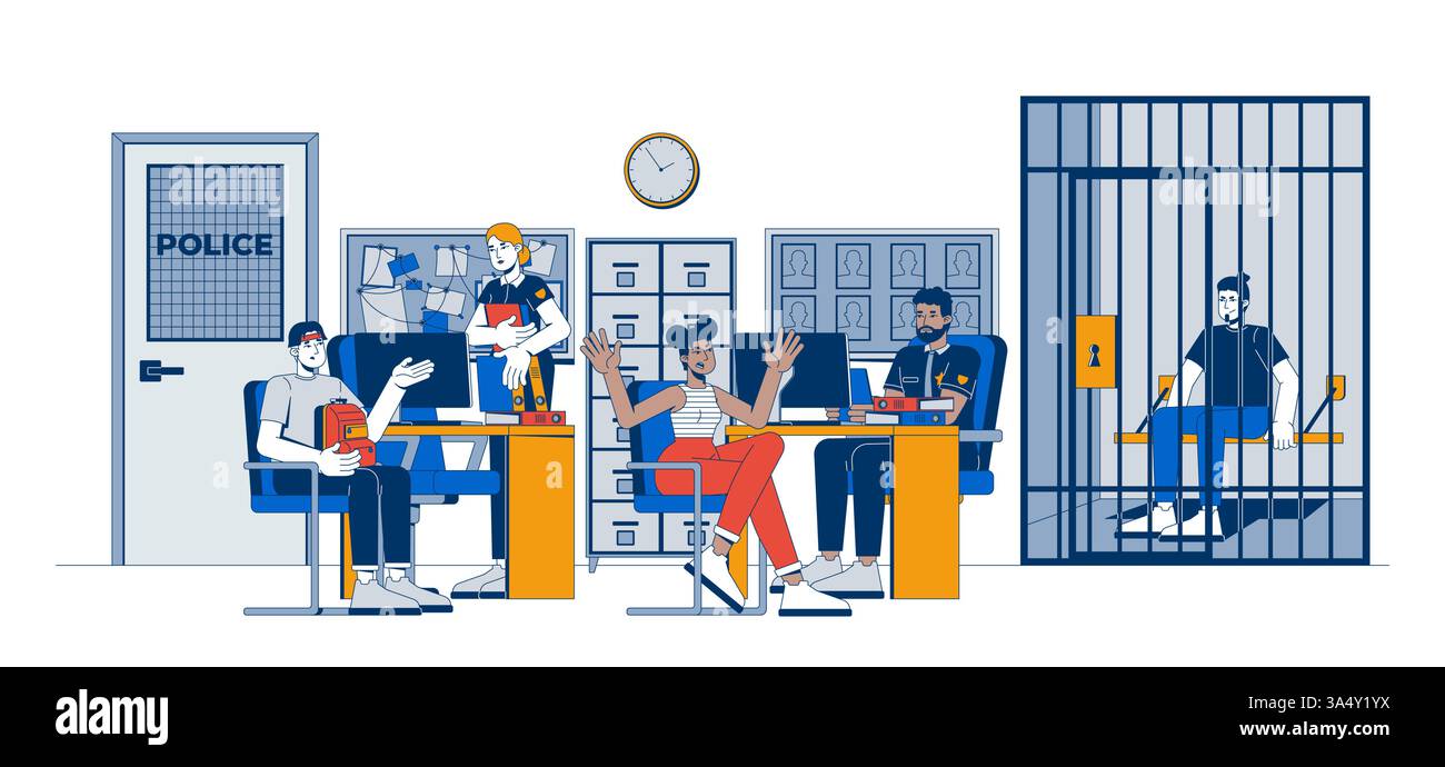 Police station with officers, witnesses, and jail cell 2D vector ...