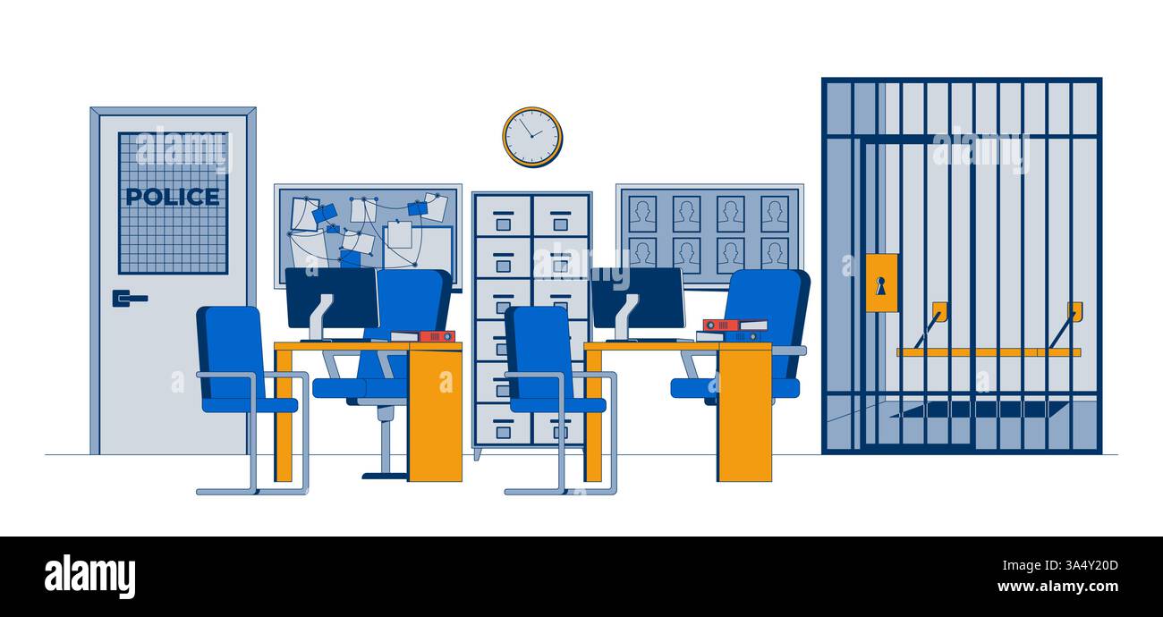 Police station interior with jail cell 2D vector illustration Stock ...