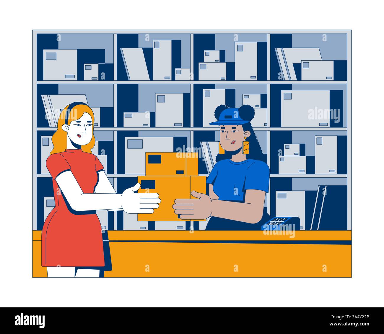 Customer receiving packages from postal worker at post-office 2D vector ...