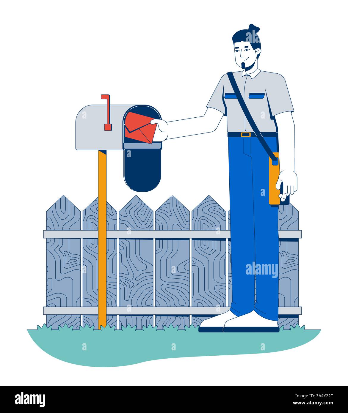 Mail carrier delivering letter to mailbox 2D vector illustration Stock ...