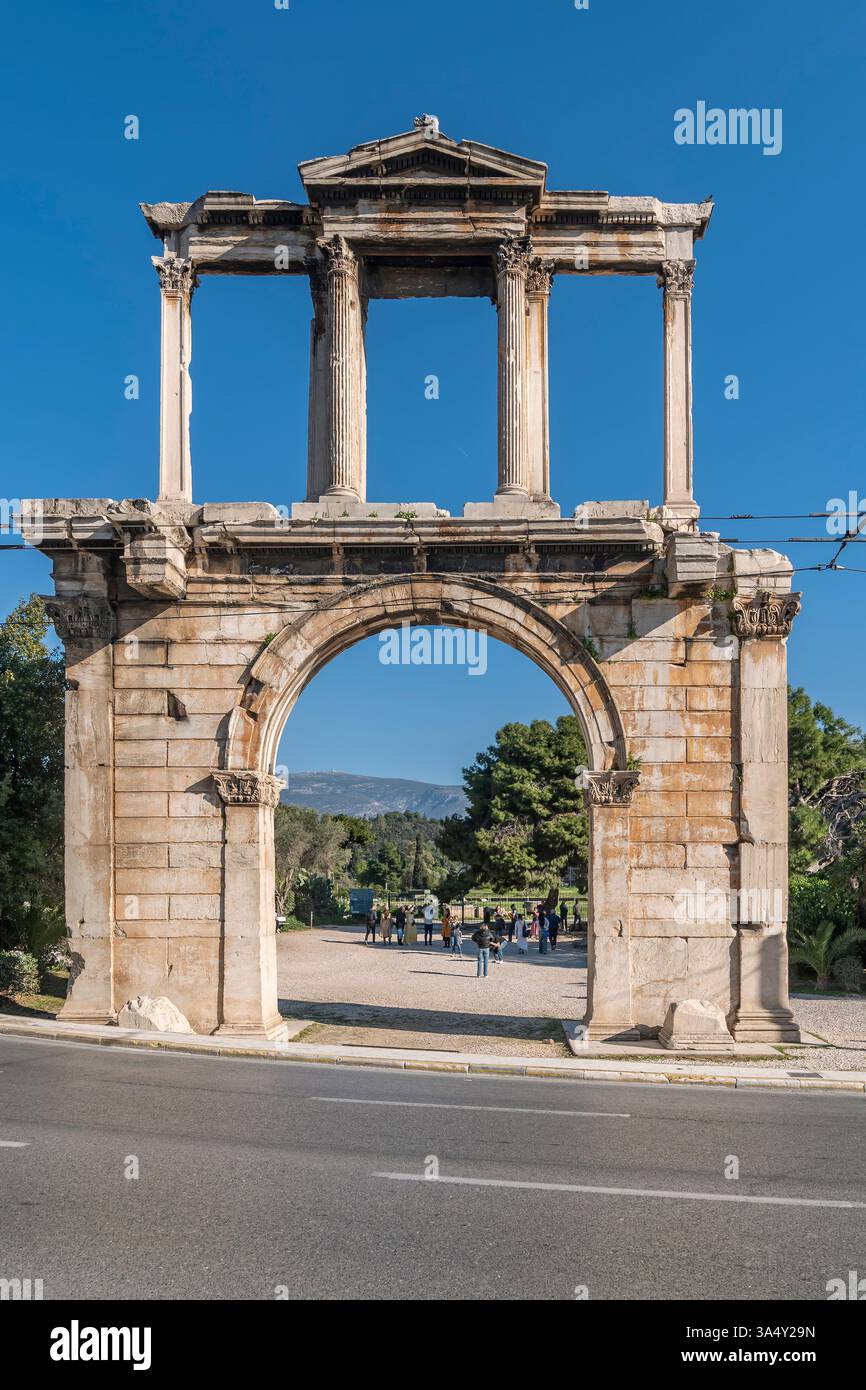 The ancient Arch of Hadrian in the historic center of Athens, Greece ...