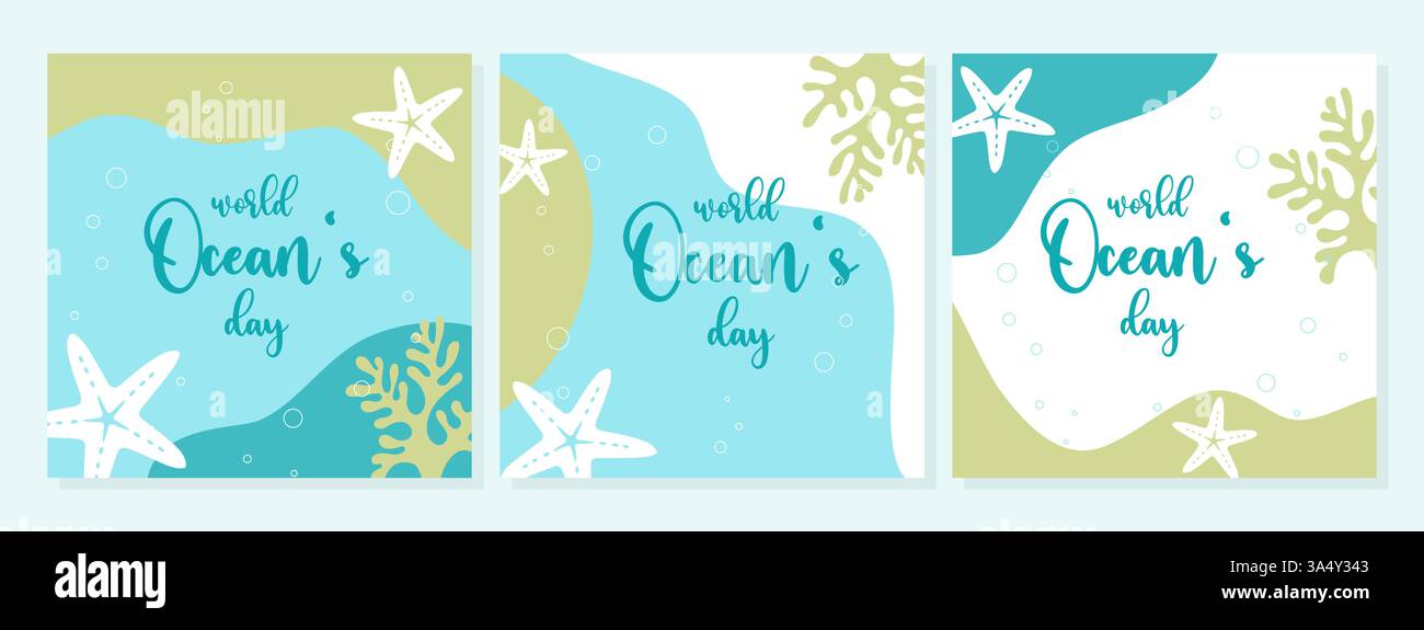 World Oceans Day posters with starfish and corals. Harmonious flowing ...