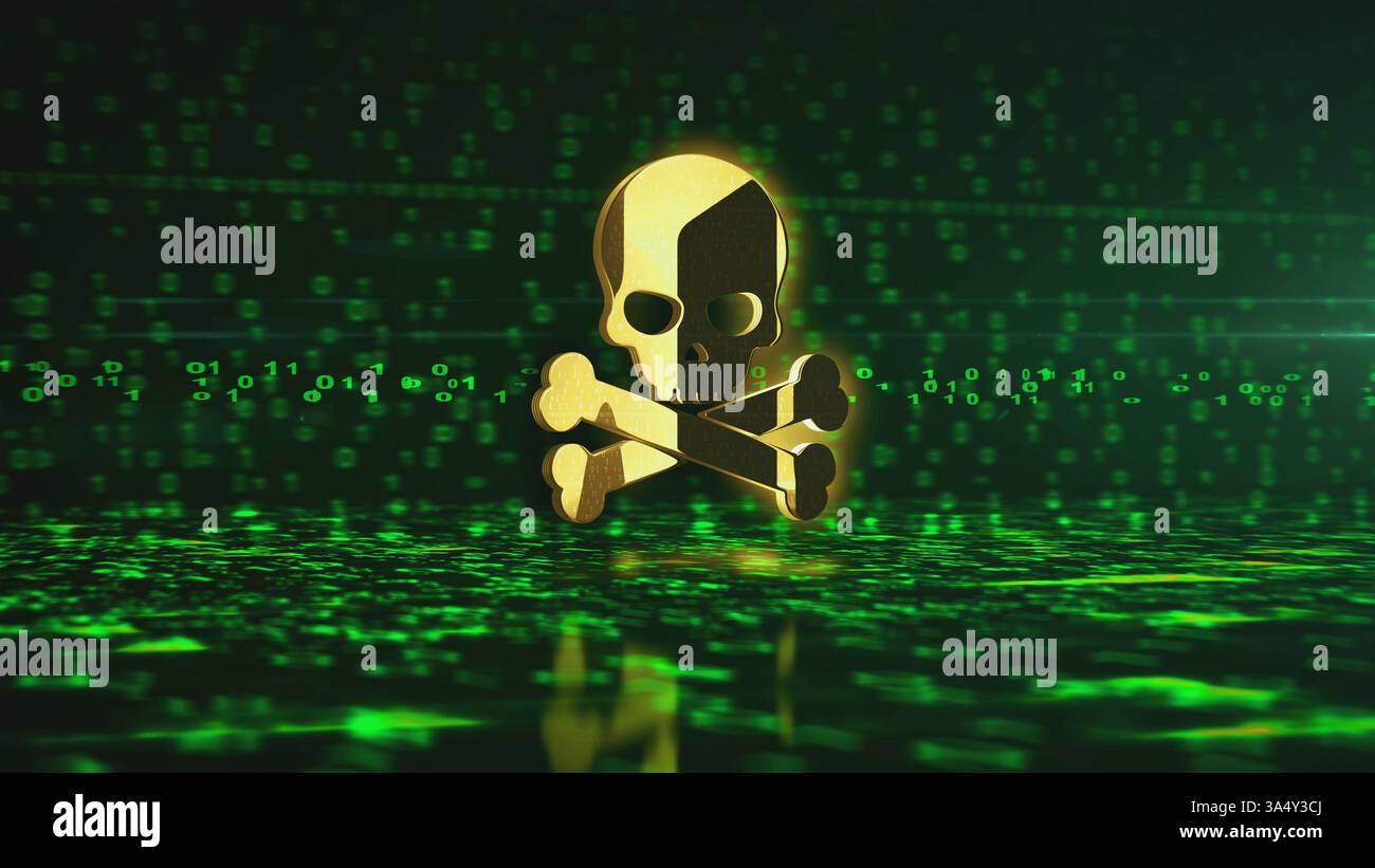 Skull cyber pirates and hacking cyberattack golden metal symbol ...