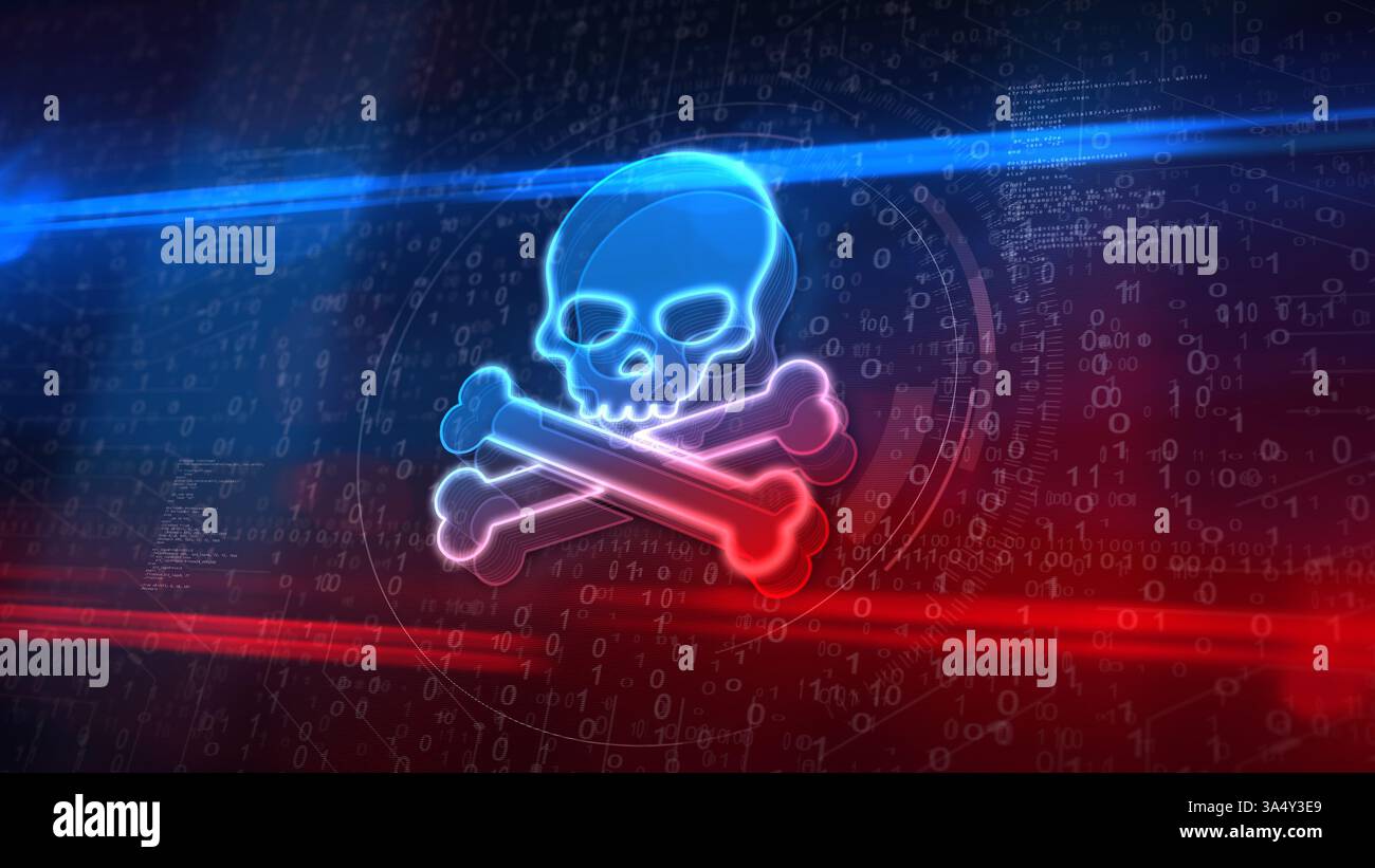 Skull cyber pirates and hacking cyberattack symbol. Abstract concept 3d ...