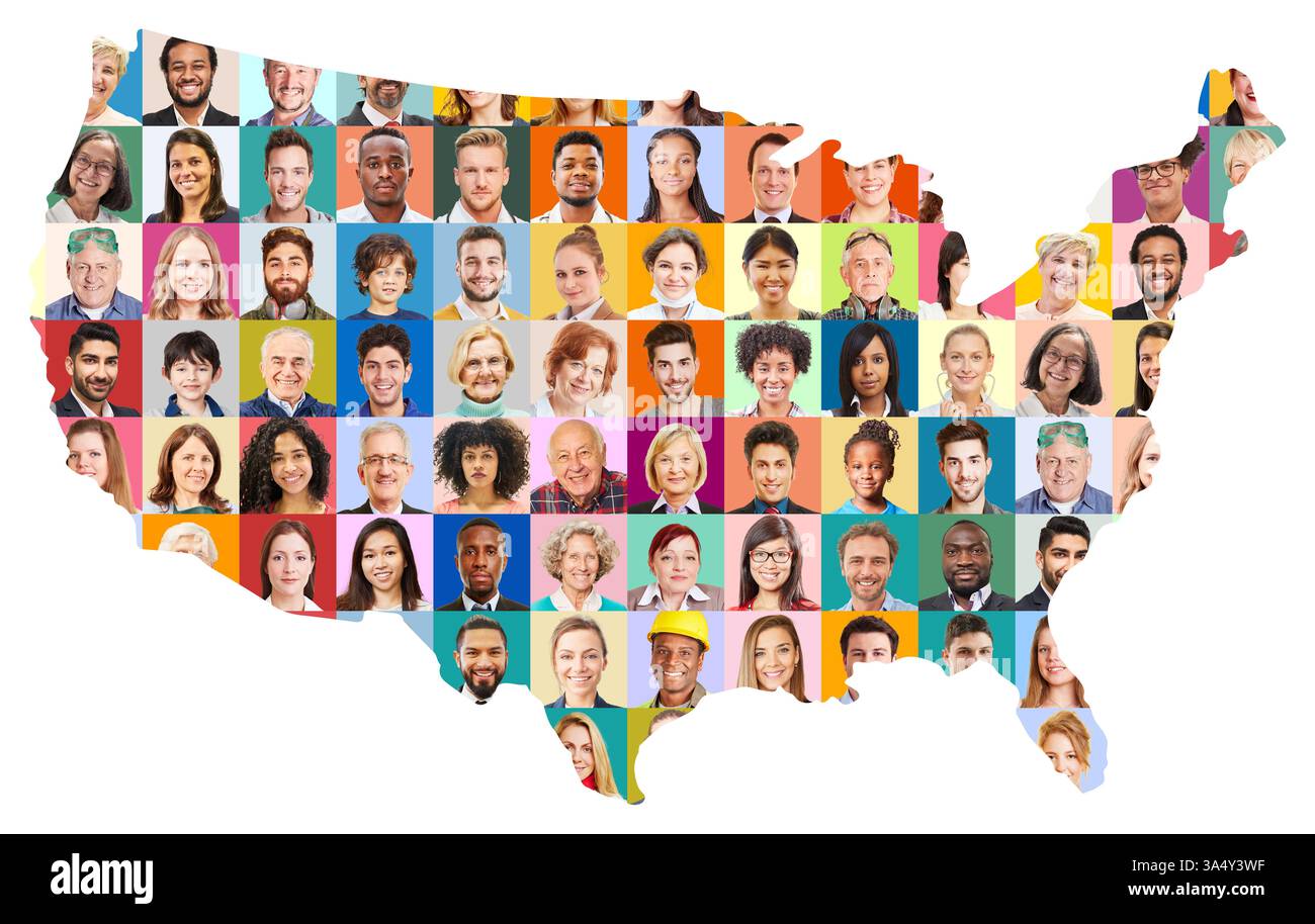 Portraits of people of many generations on a map of the USA as a ...