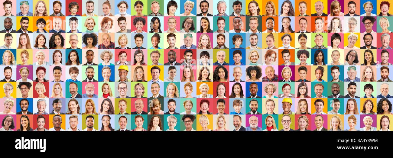 Panorama of portraits of people of many generations against colorful ...