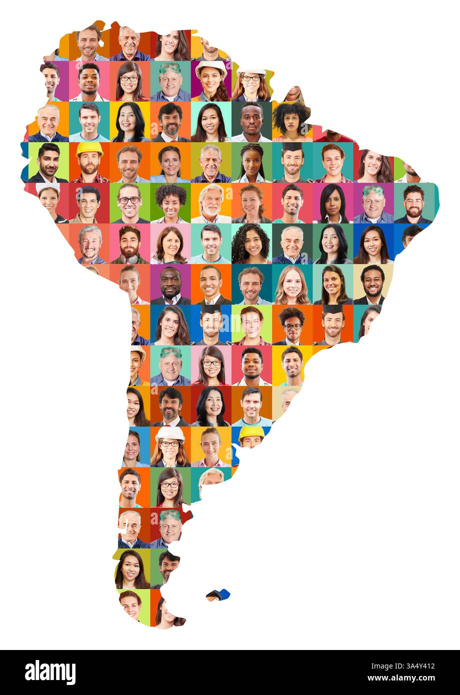 Adults of many generations against solid-colored backgrounds on a map ...