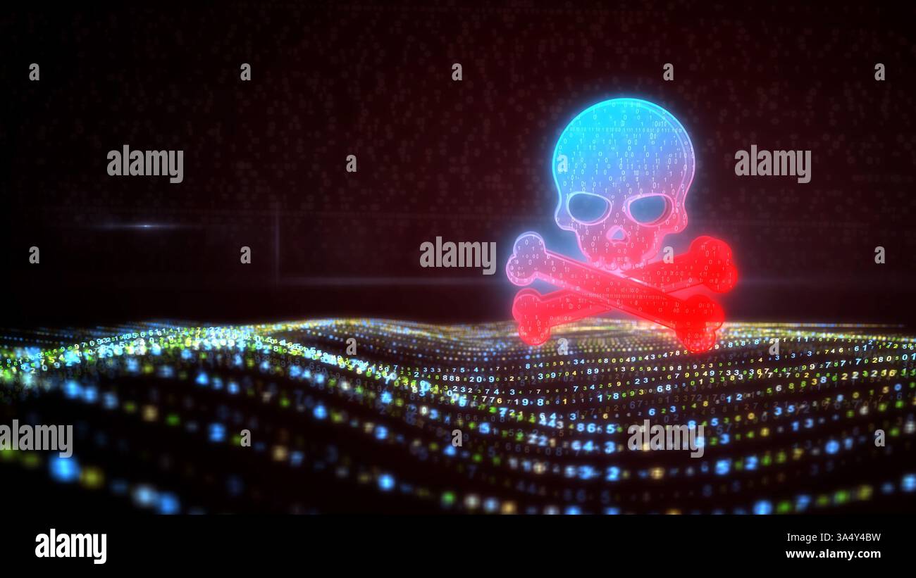 Skull cyber pirates and hacking cyberattack symbol. Abstract concept 3d ...