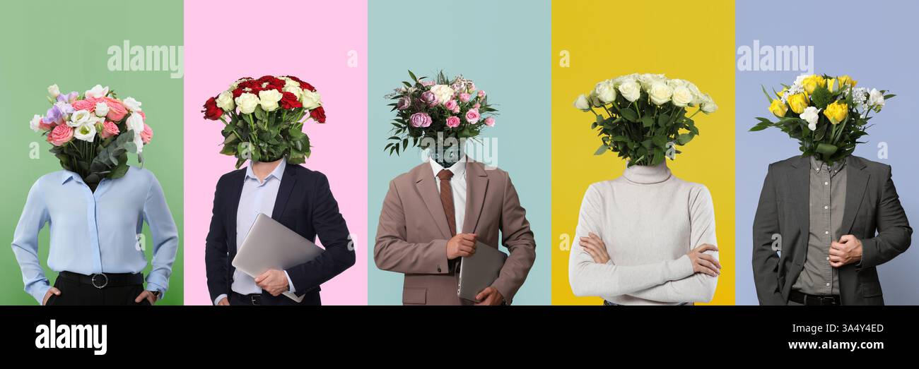 Art collage. People with bouquets of flowers instead of their heads on ...