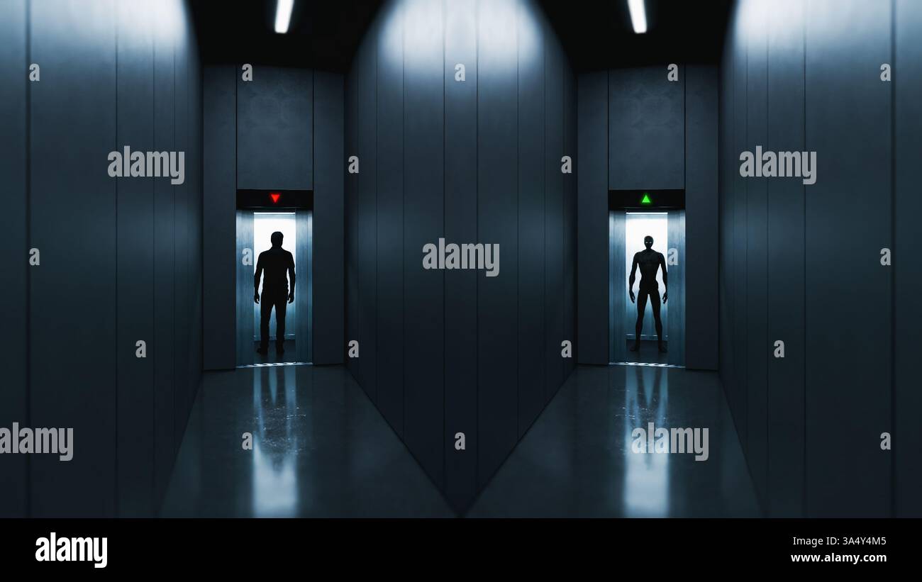 A dark corridor intersection with open elevators—one with a human ...