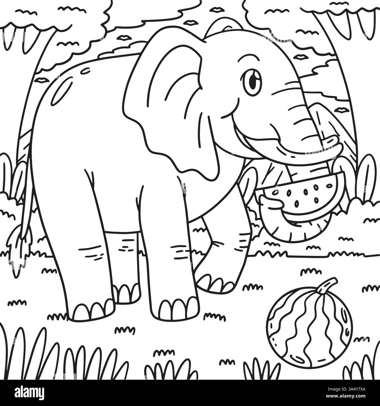 Elephant Eating Watermelon Coloring Page for Kids Stock Vector Image ...