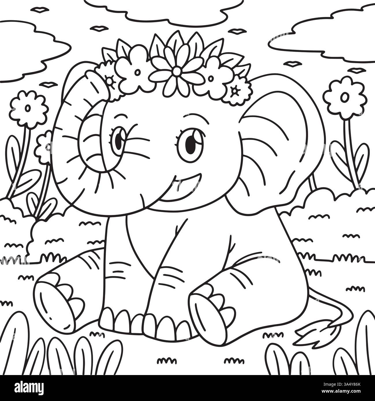Elephant Wearing Flower Crown Coloring Page Stock Vector Image & Art ...
