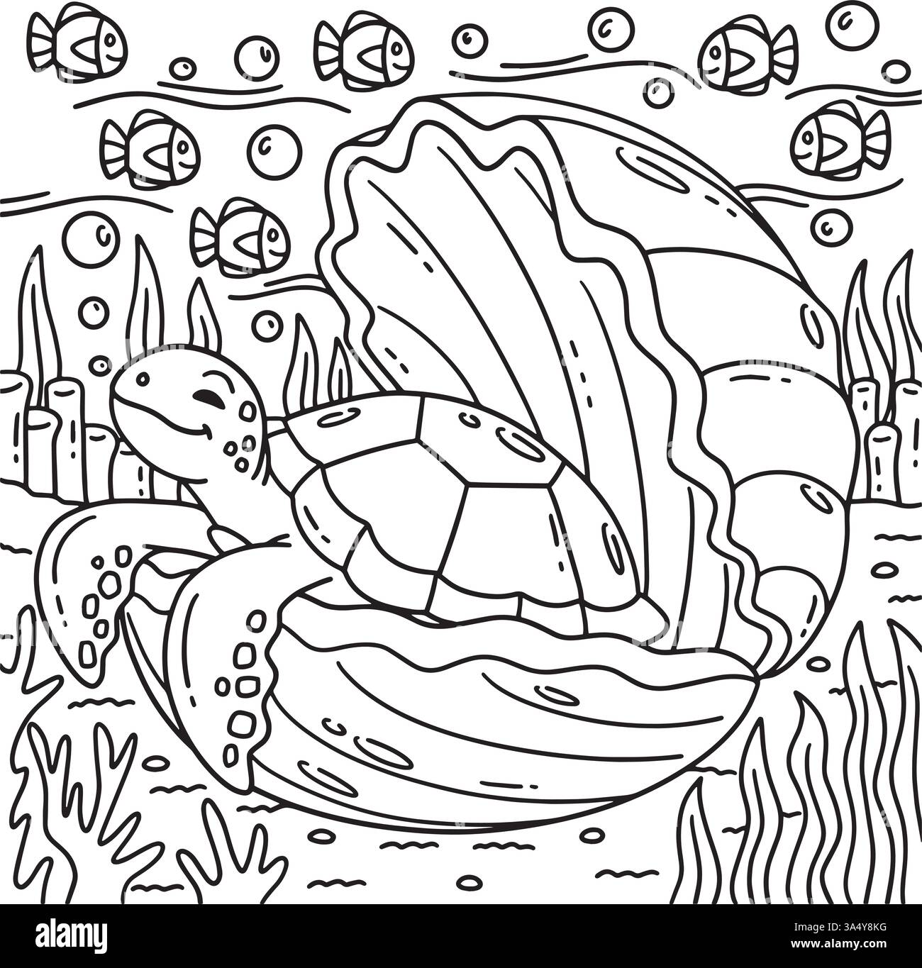 Turtle Inside a Clam Shell Coloring Page for Kids Stock Vector Image ...