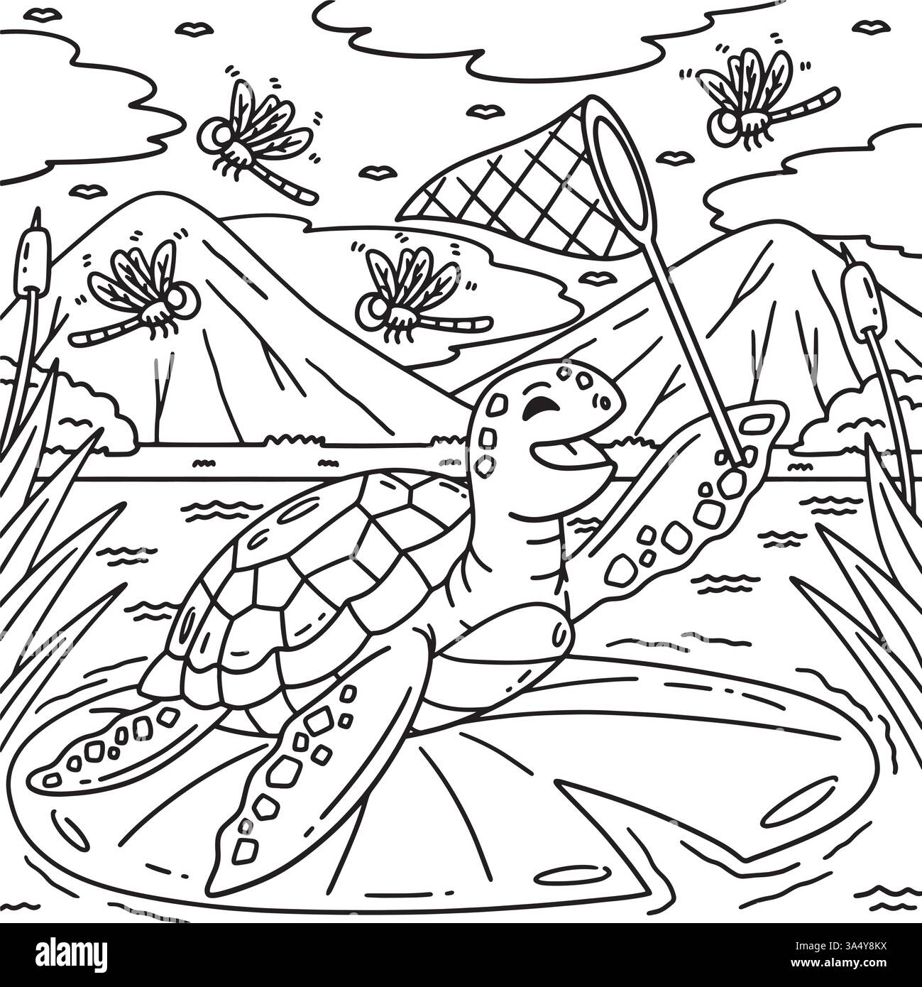 Turtle Catching Dragonflies Coloring Page for Kids Stock Vector Image ...