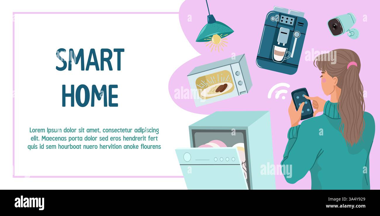 Smart home, woman remotely controls home appliances. Vector design of ...