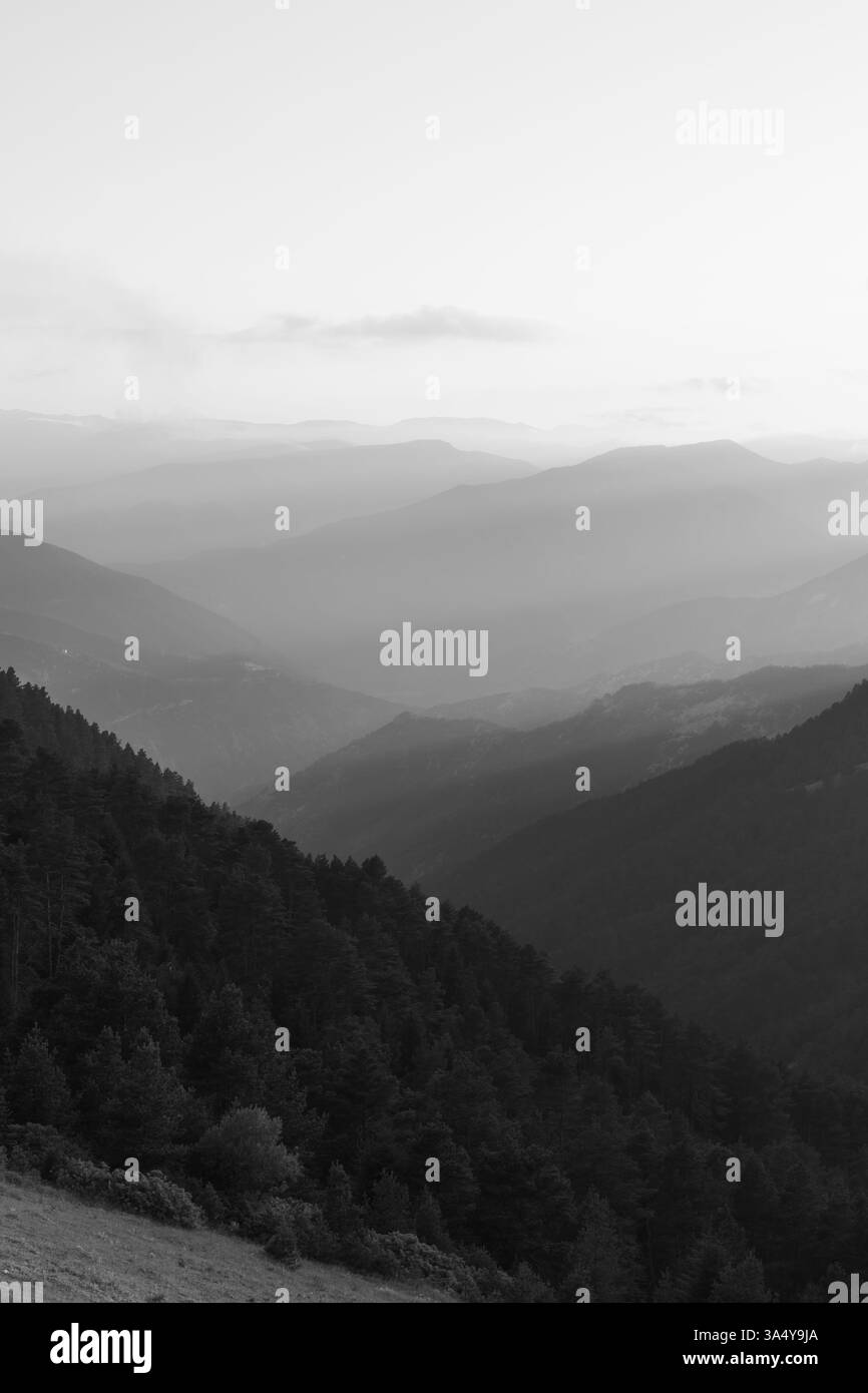 Forest covered mountain range with haze and sunrays. Black and white ...