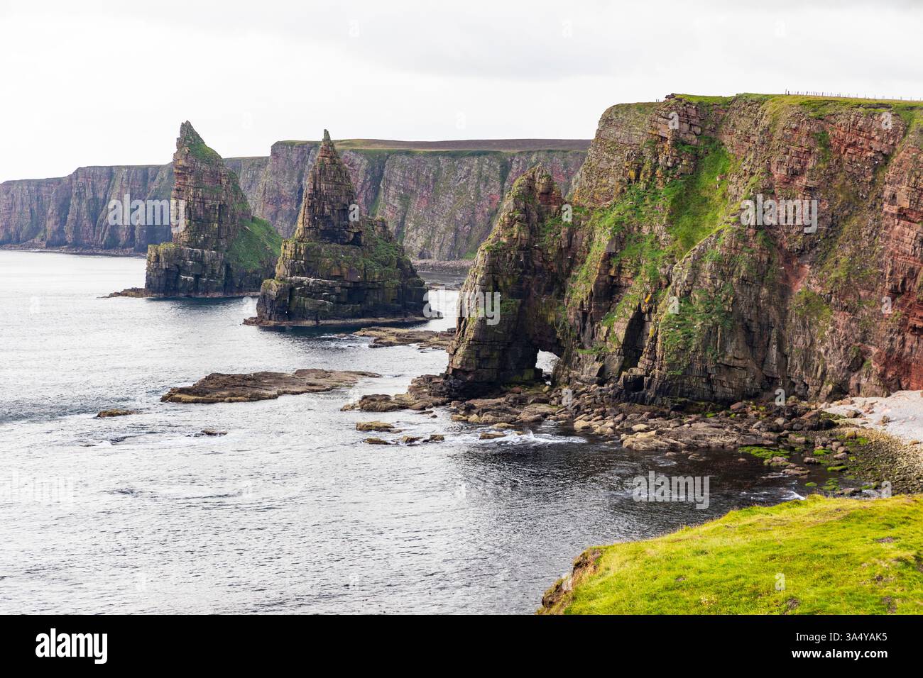 Duncansby Stacks, a breathtaking coastal wonder in Scotland, rise from the North Sea. Standing ...