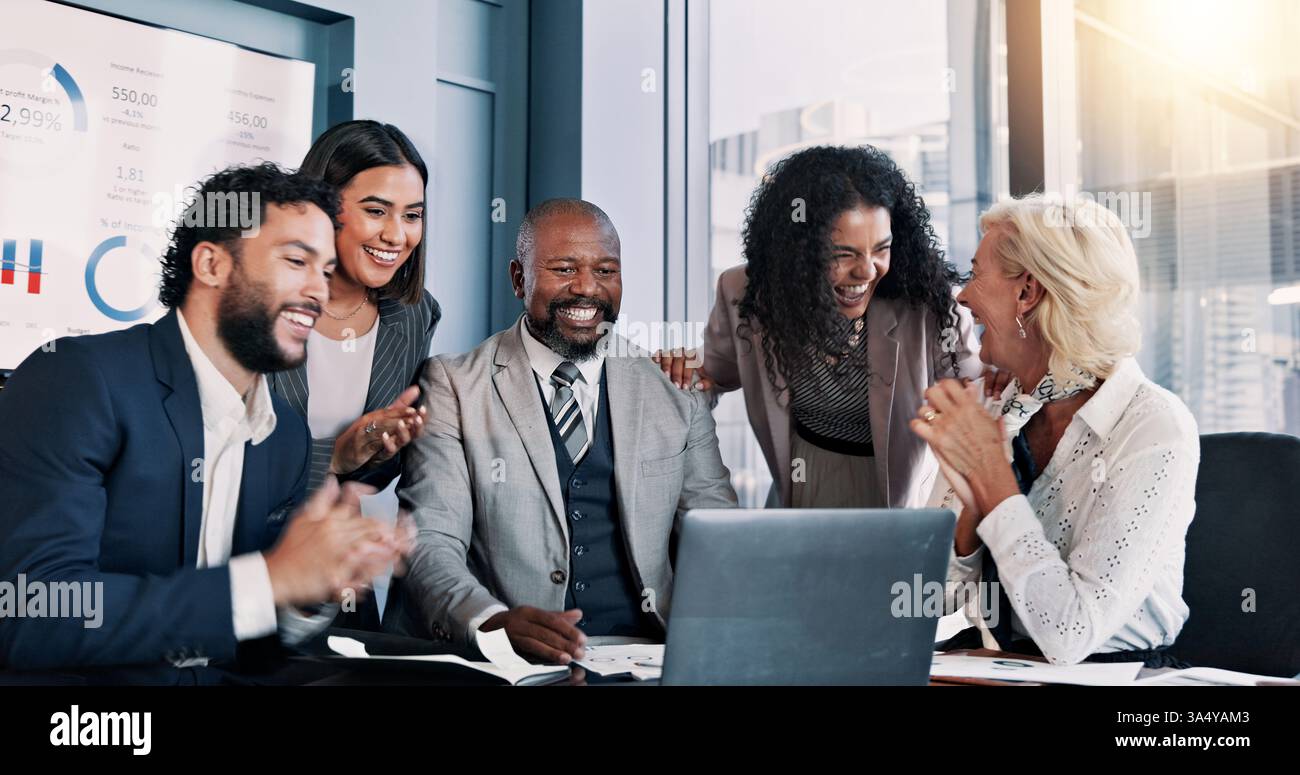 Business people, laptop and meeting with applause for company ...