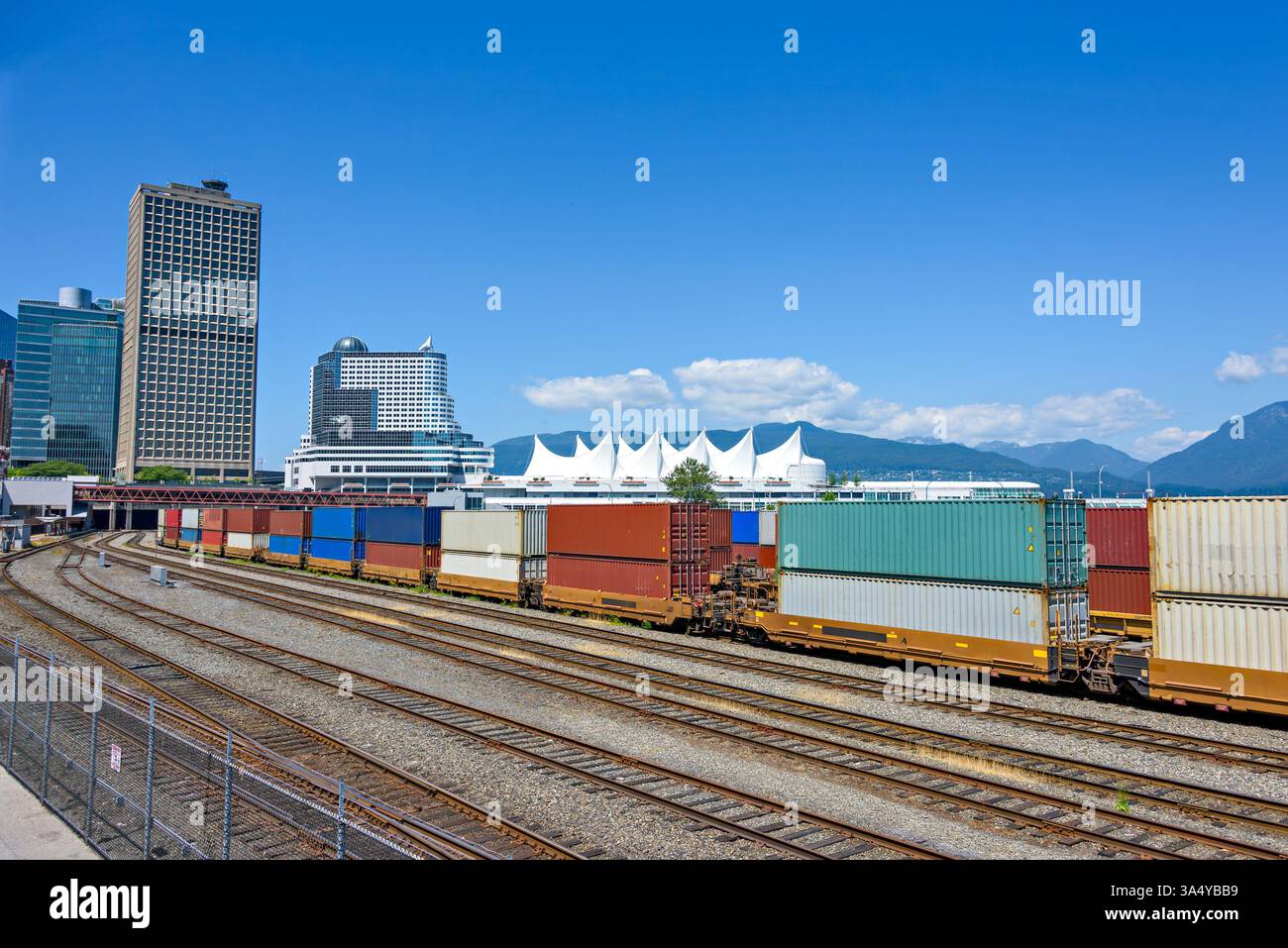 Container double cargo train going via downtown of Vancouver Stock ...