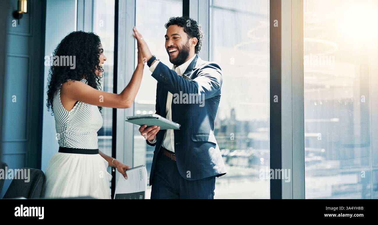 Woman, man and high five with tablet in office, finance and celebration ...
