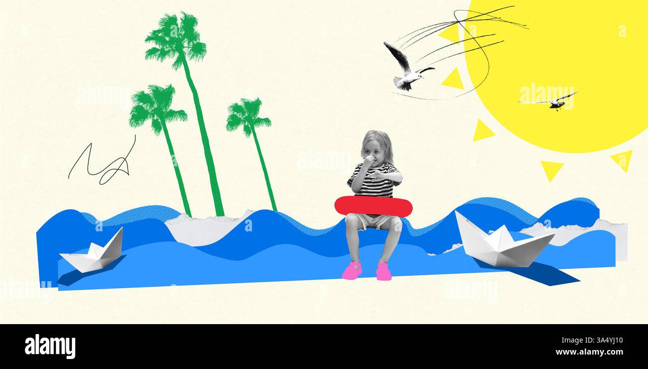 Dreamy child sitting by ocean with floating paper boats, with seagulls ...