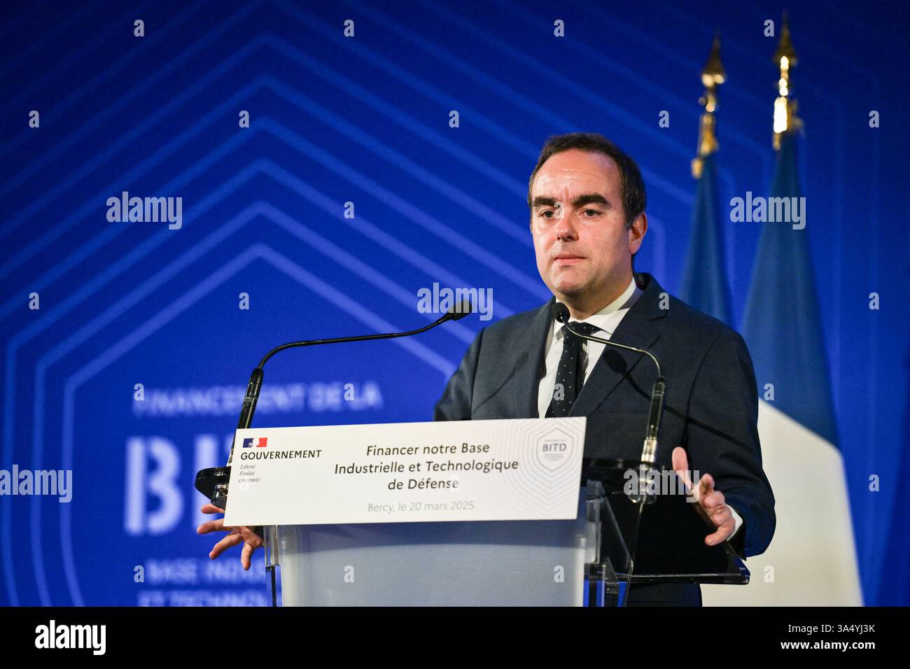 French Minister for the Armed Forces Sebastien Lecornu delivers a ...