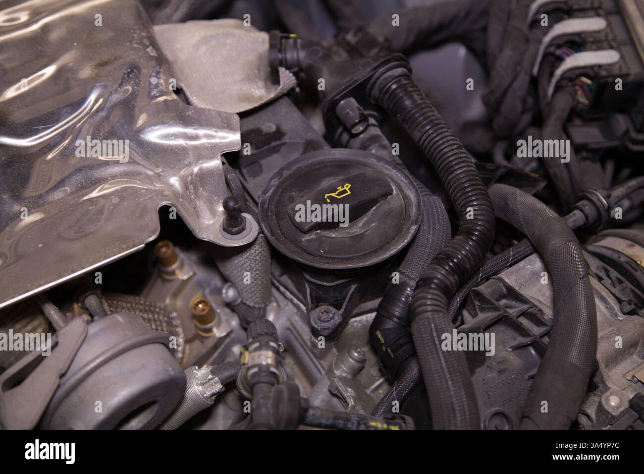 Engine oil filler cap under the car hood Stock Photo - Alamy
