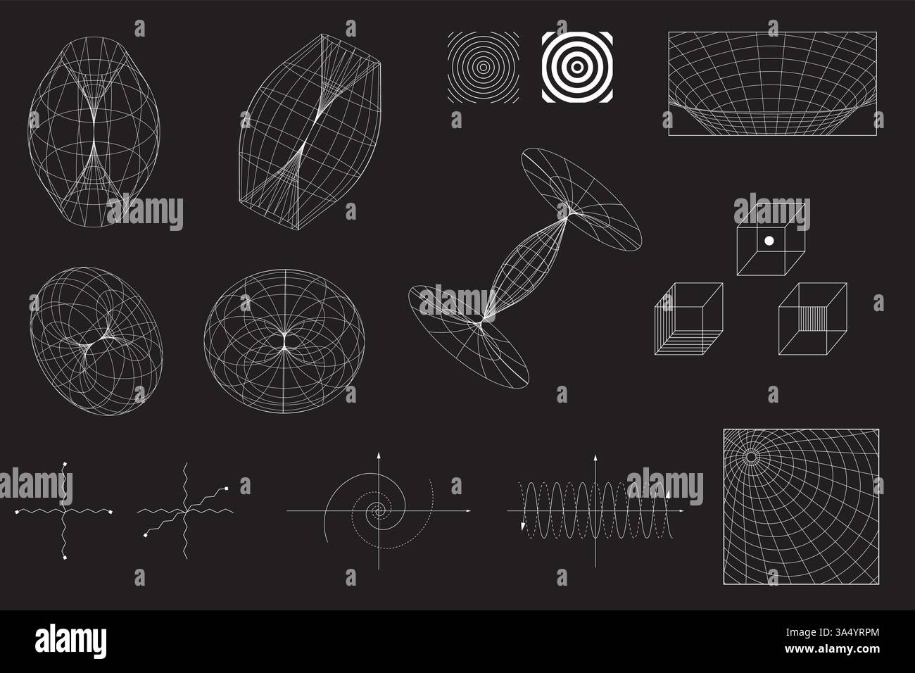 Set of various mathematical and geometric diagrams, wireframe shapes on ...