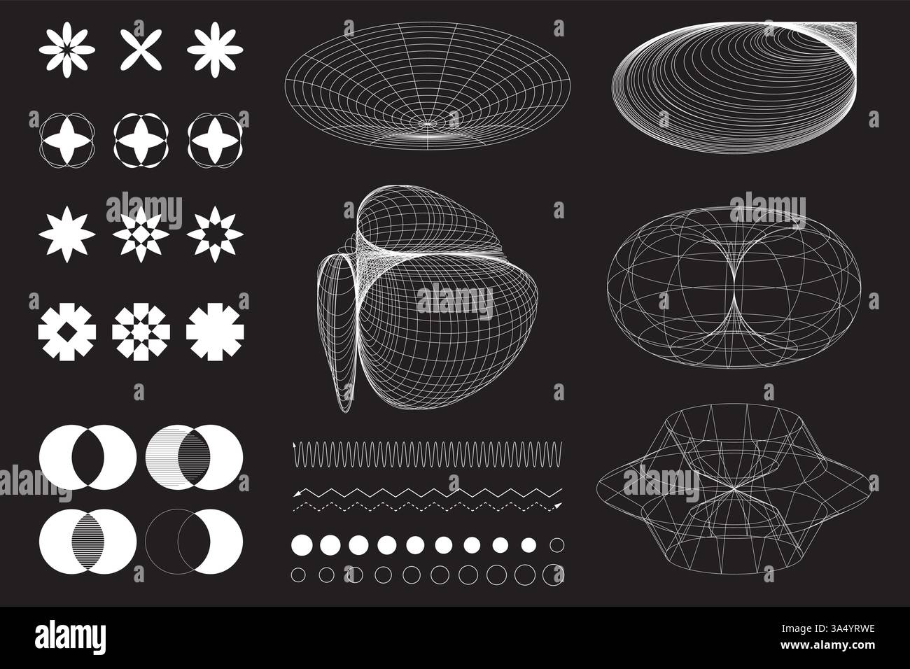 Futuristic wireframe models of abstract forms resembling wormholes and interconnected rings ...