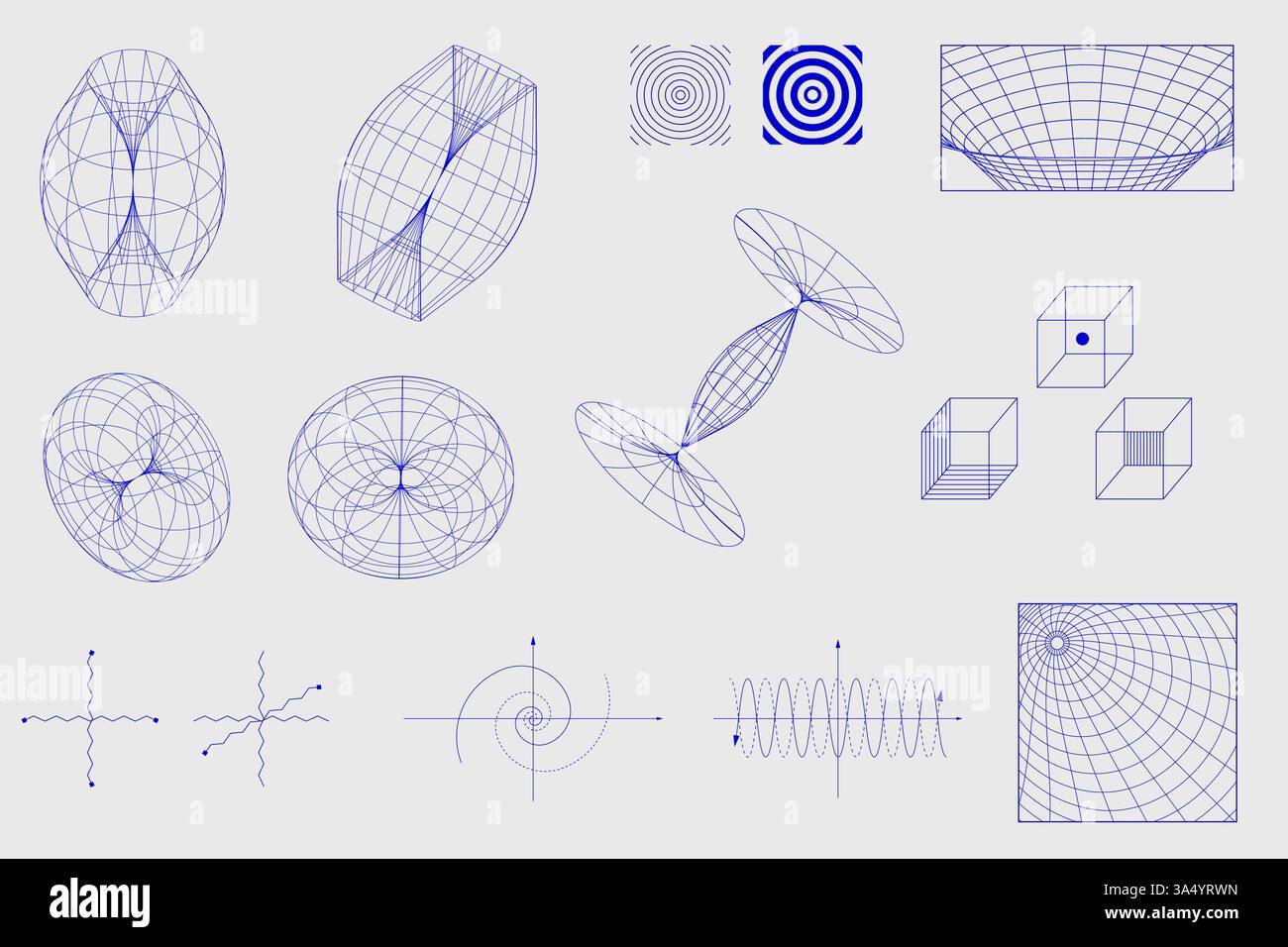 Collection of blue geometric structures, waveforms, mathematical grids, and optical illusions on ...