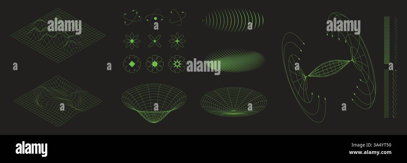 Set of dynamic green geometric wireframe structures, force field ...