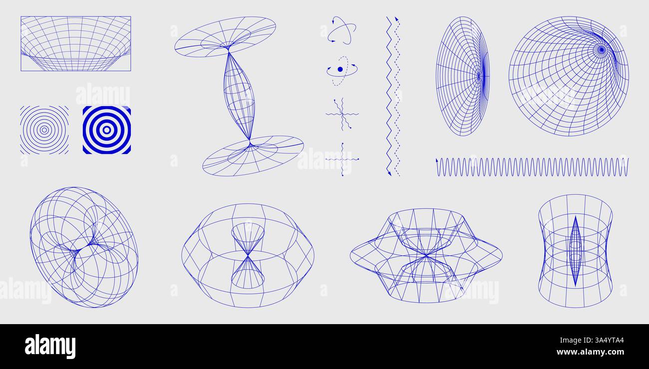 Blue wireframe geometric structures, atomic orbits, waveforms, and ...