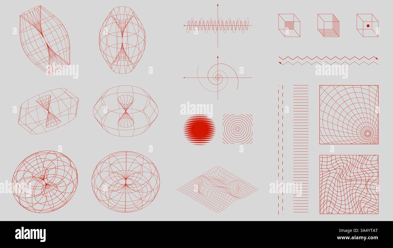 Red Mathematical Wireframe Diagrams Force Fields Abstract Waveforms