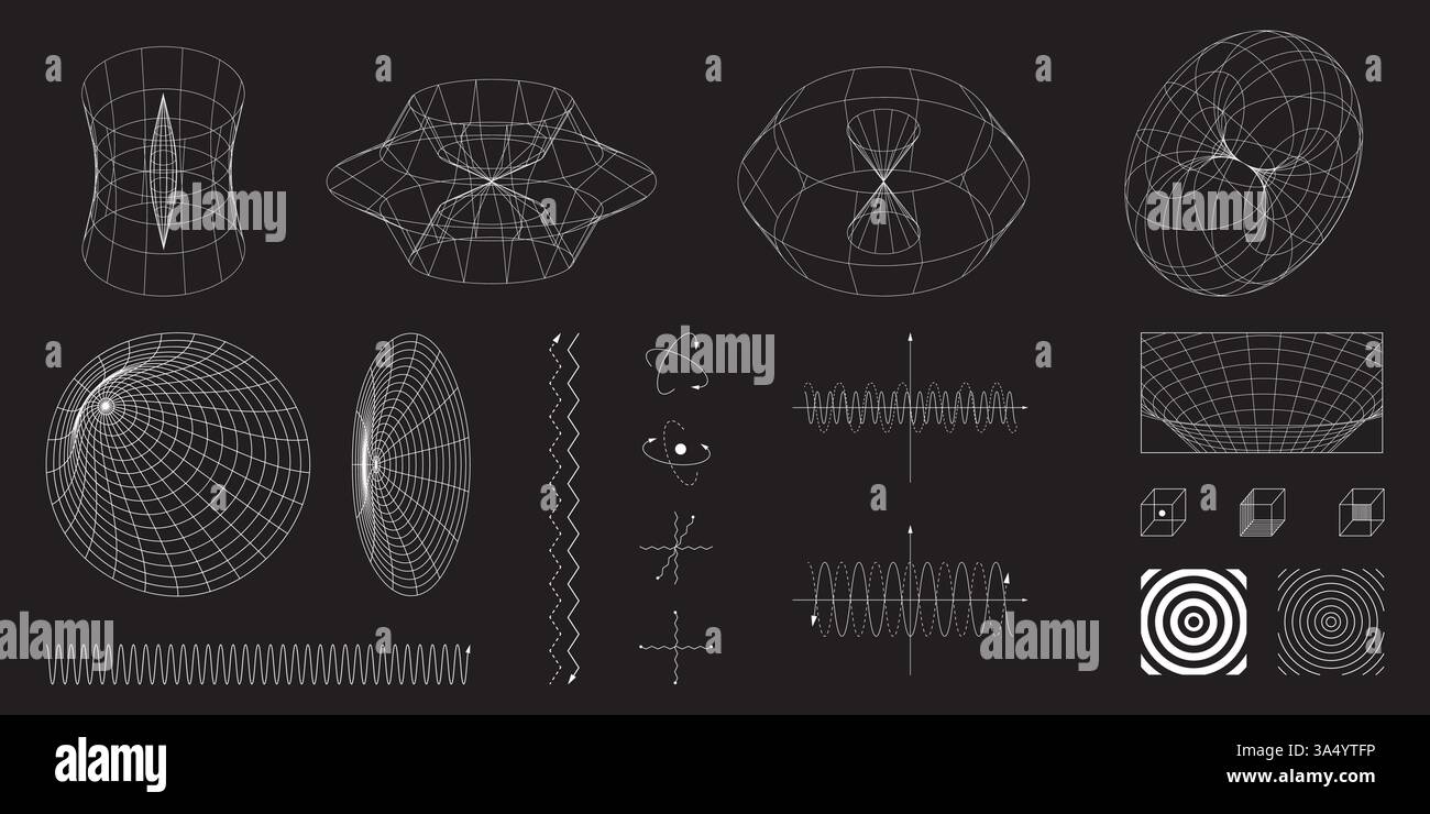 White geometric waveforms, force field diagrams, optical illusions, and ...