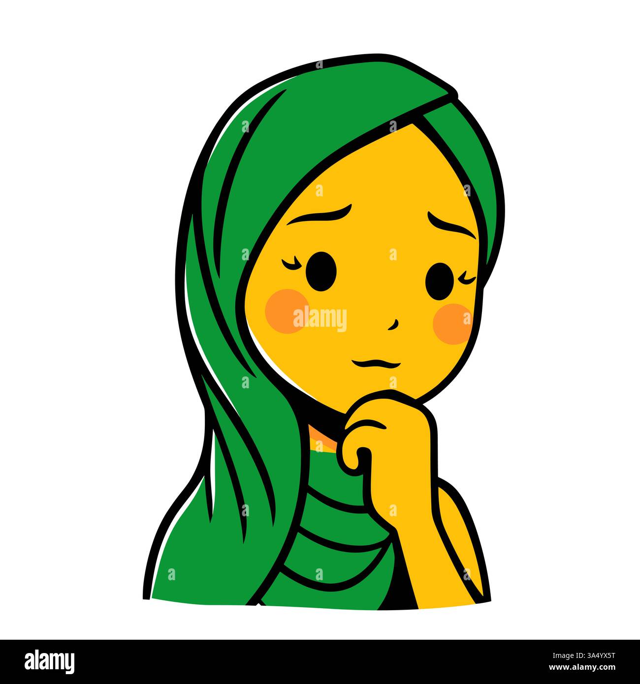 This animated figure in a green hijab appears concerned while pondering ...