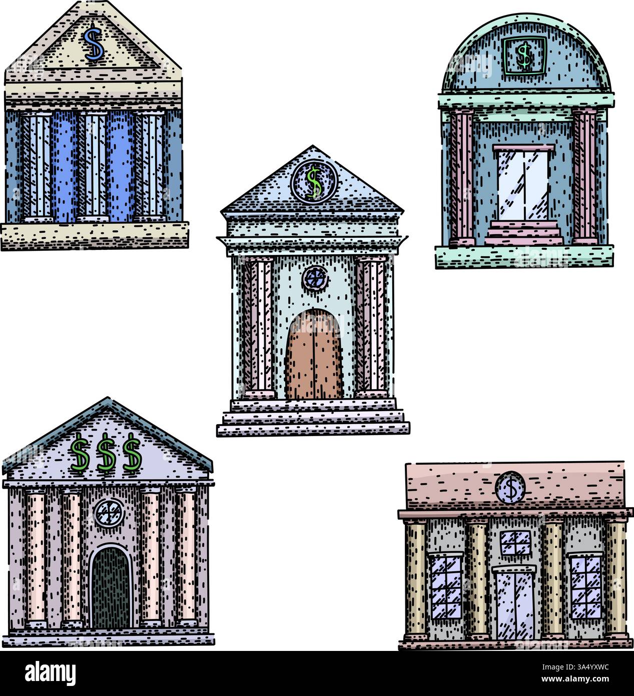 bank building set sketch hand drawn vector Stock Vector Image & Art - Alamy