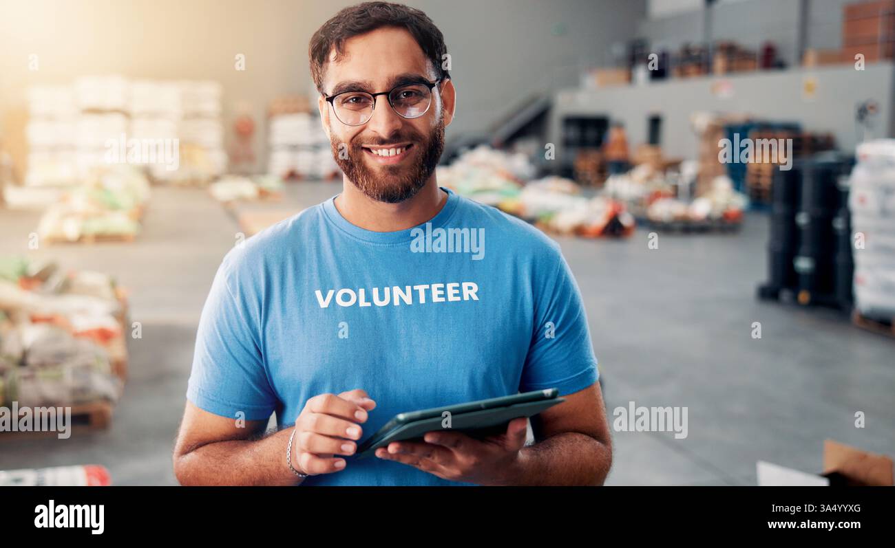 Portrait, man and volunteer on tablet with donation, food stock and ...