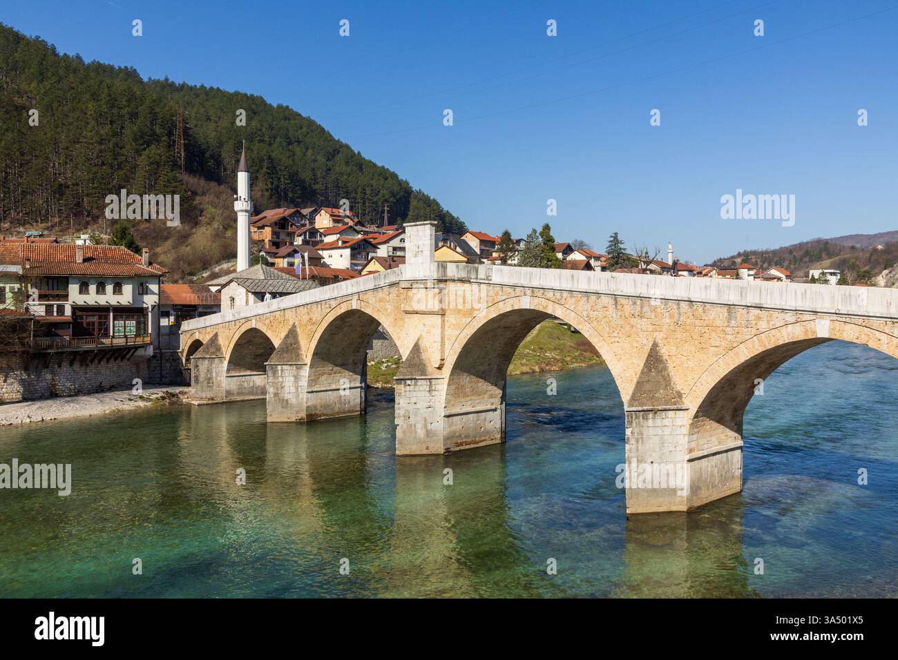 The Stara Ćuprija bridge over the Neretva River in the town of Konjic in Bosnia and Herzegovina ...