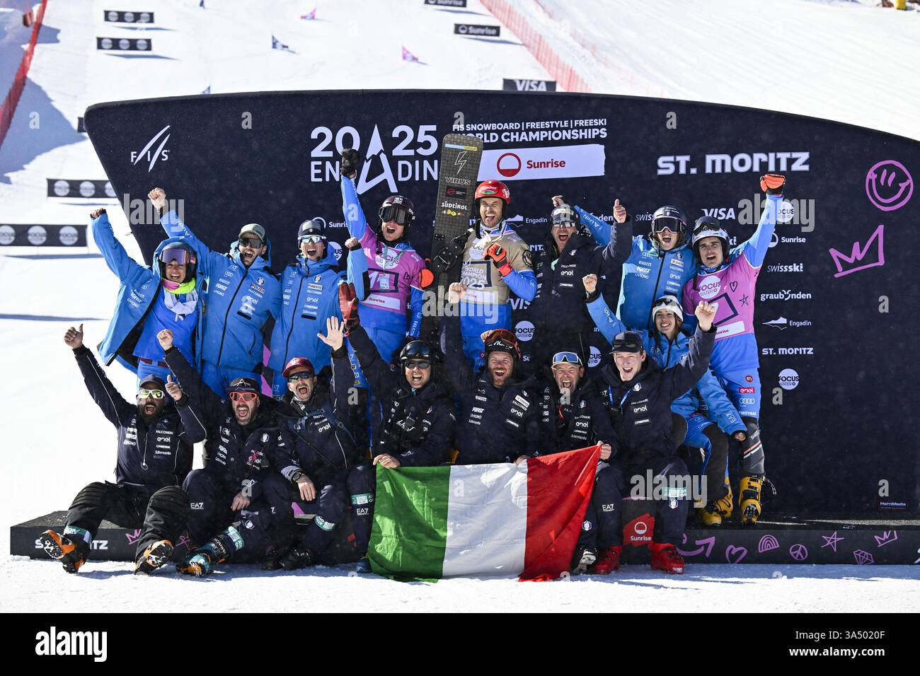 Gold medalist Roland Fischnaller of Italy and team pose at the ...