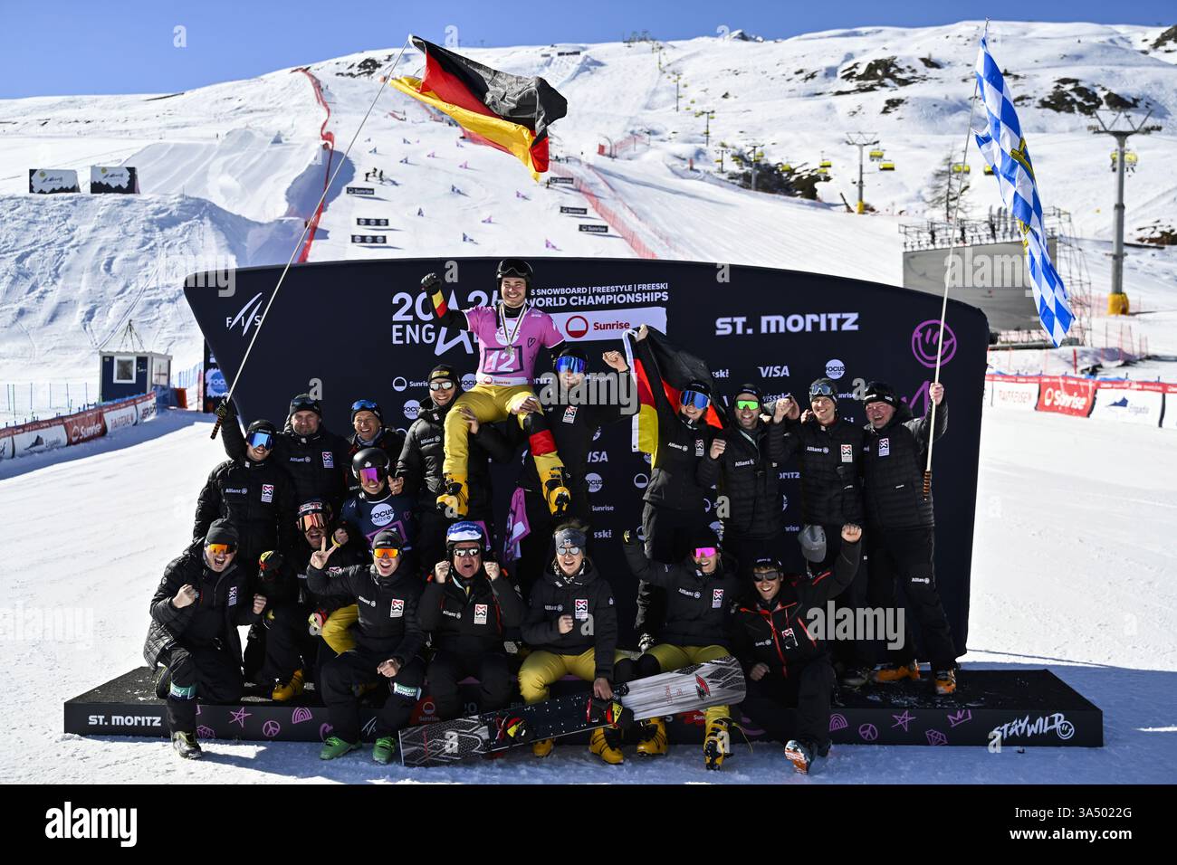 Silver medalist Stefan Baumeister of Germany with team at the Snowboard ...