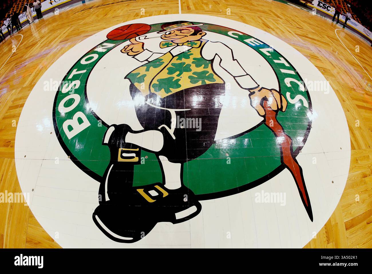 FILE - In this image taken with a fisheye lens, the Boston Celtics logo ...